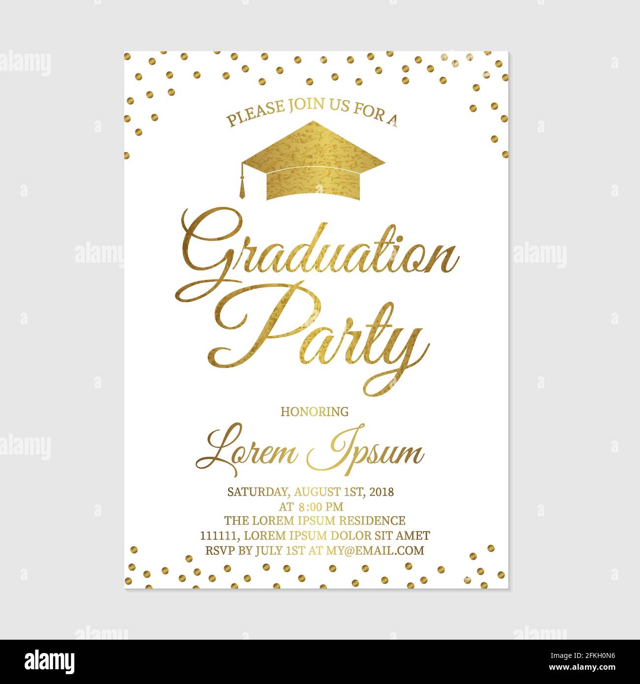 Graduation party invitation card template. Gold glitter polka dots grad ...