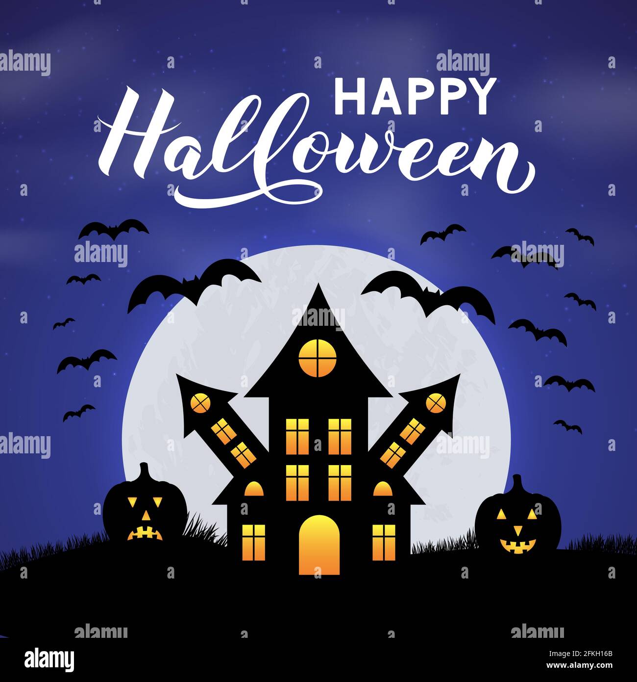 Halloween night vector illustration with Spooky Haunted House, Full ...