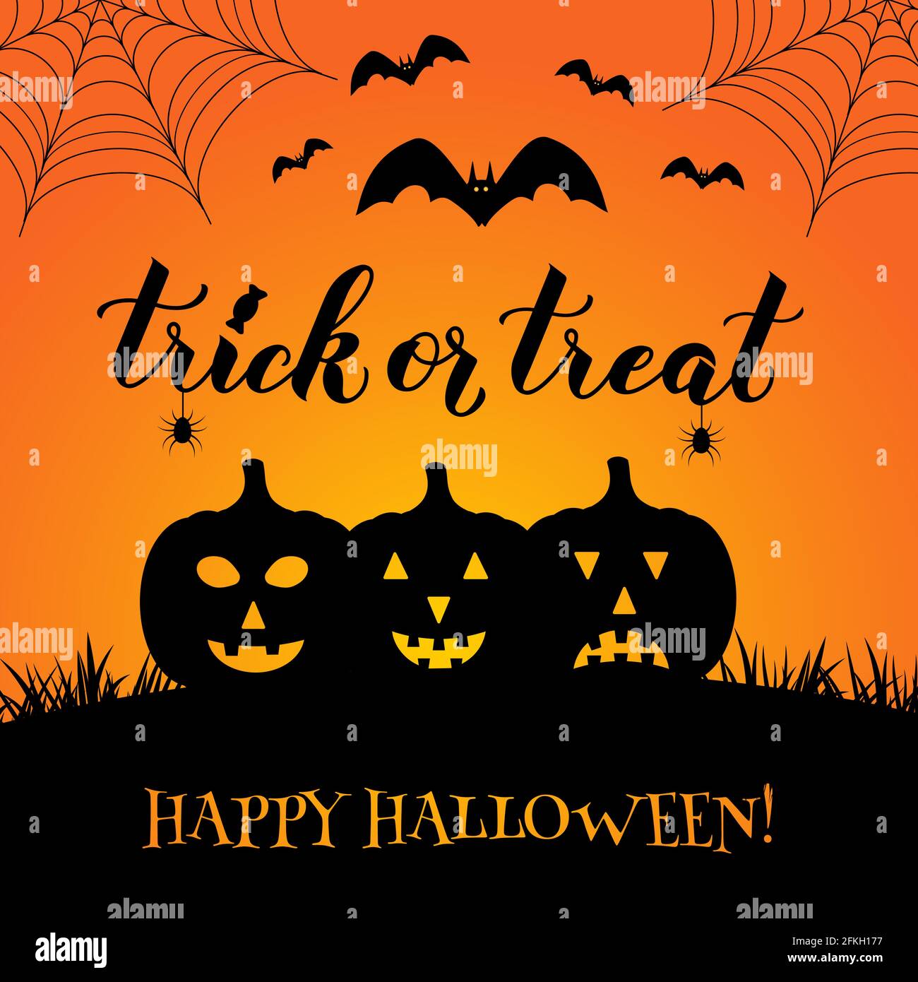 Trick or Treat Halloween quote hand lettering with pumpkins, bats ...