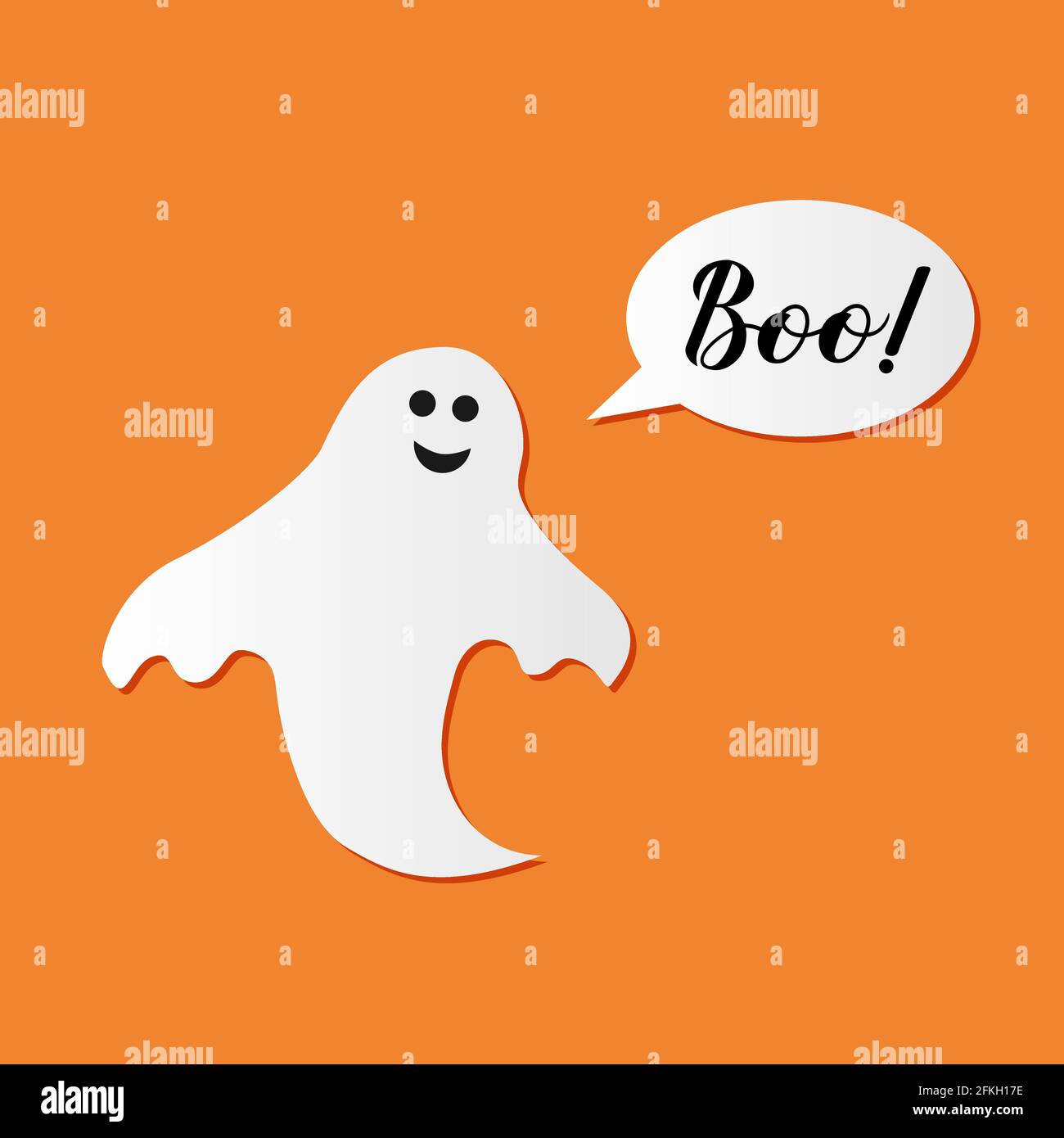 Boo hand lettering with cute cartoon ghost on orange background. Easy ...