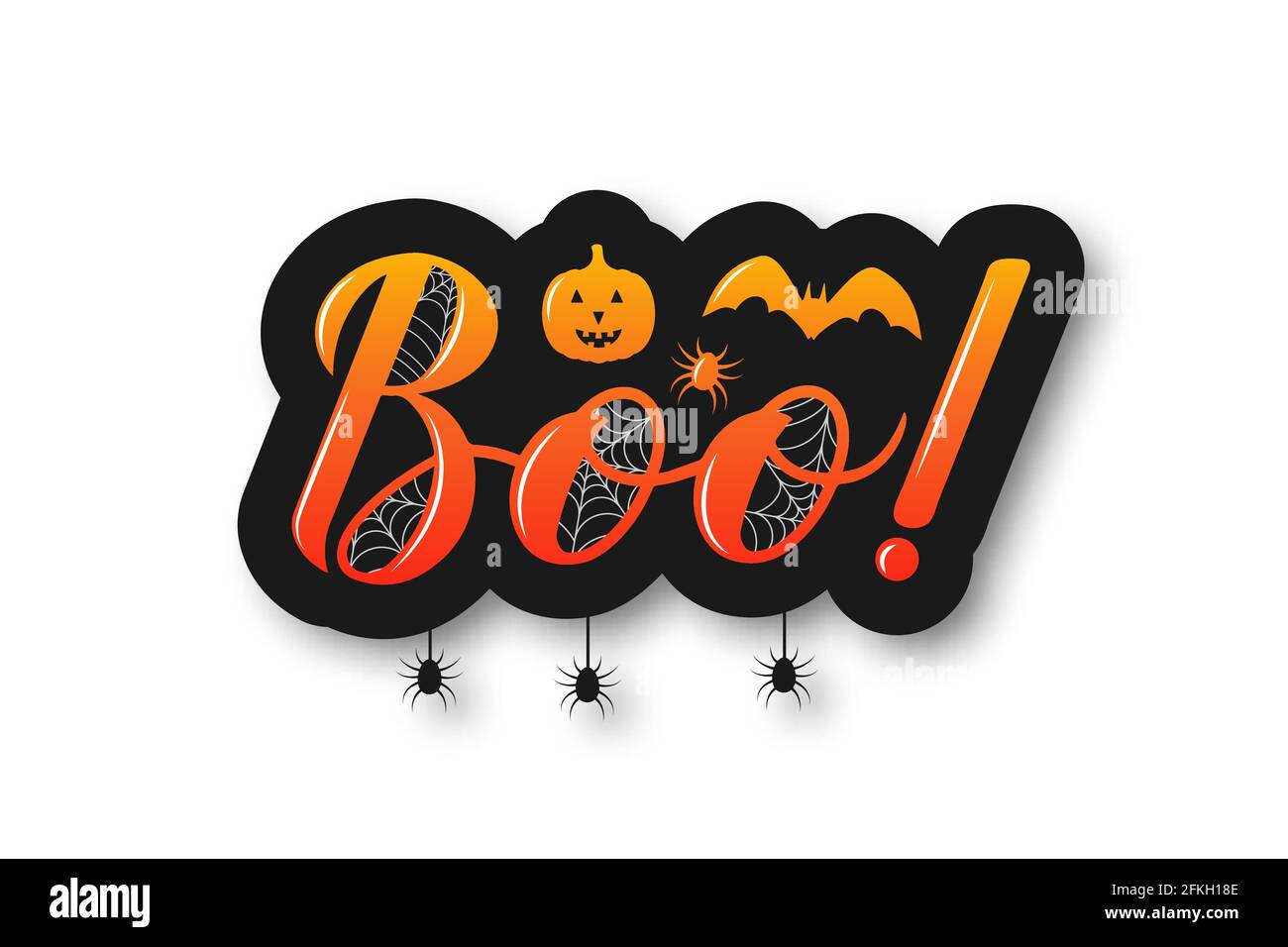 Boo hand lettering sticker with pumpkin, bat and spiders isolated on ...
