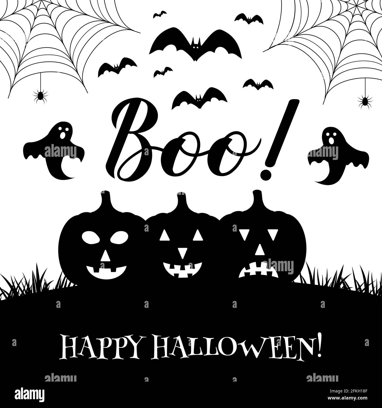 Boo hand lettering with cute cartoon ghosts, pumpkins, bats and spiders ...