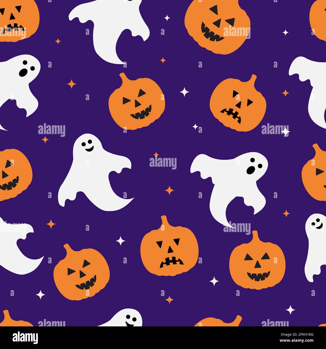 Halloween seamless pattern with cute cartoon pumpkins and ghosts on ...