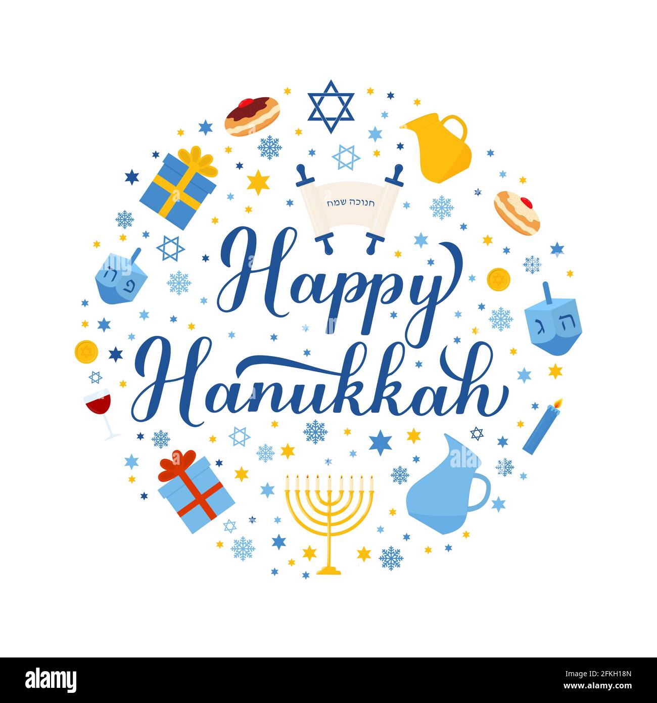 Happy Hanukkah calligraphy hand lettering and traditional items dreidel ...