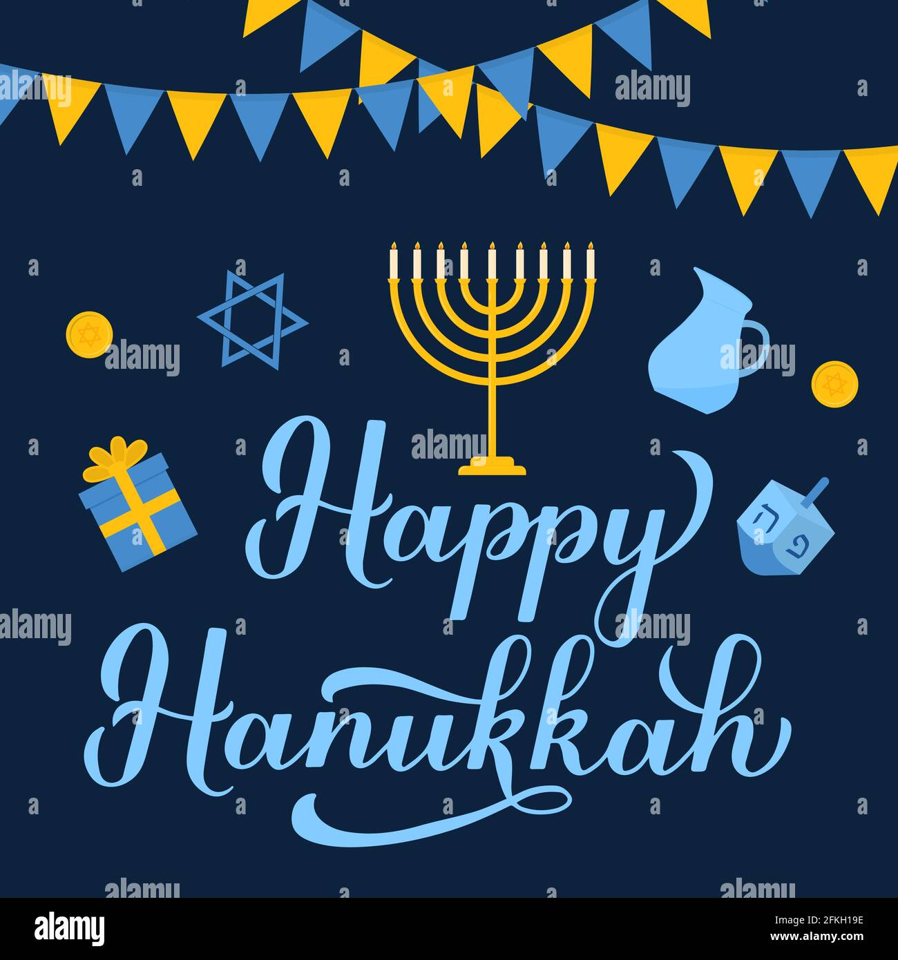 Happy Hanukkah calligraphy hand lettering with traditional symbols ...