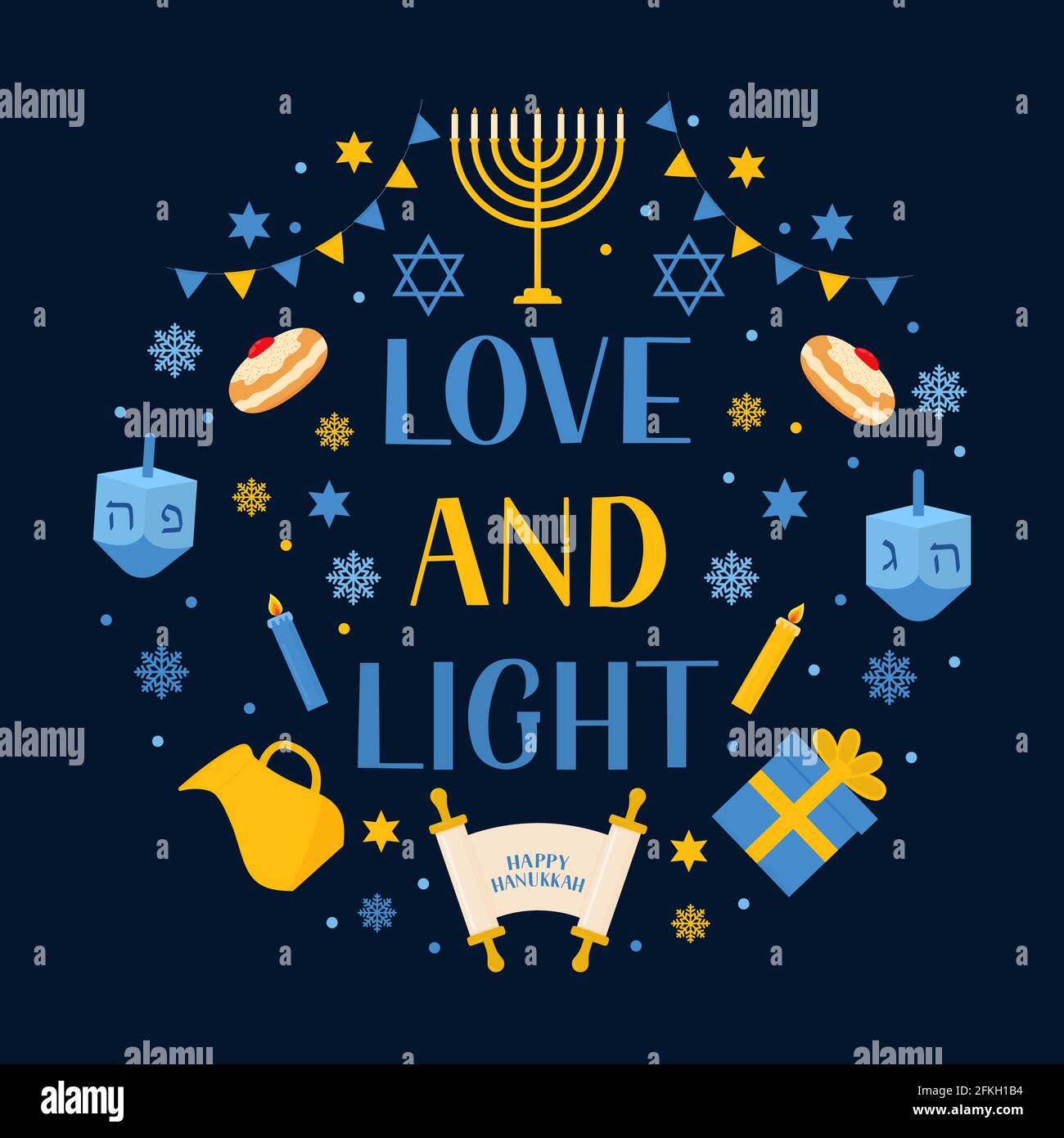 Love and Light lettering with traditional Jewish symbols dreidel ...