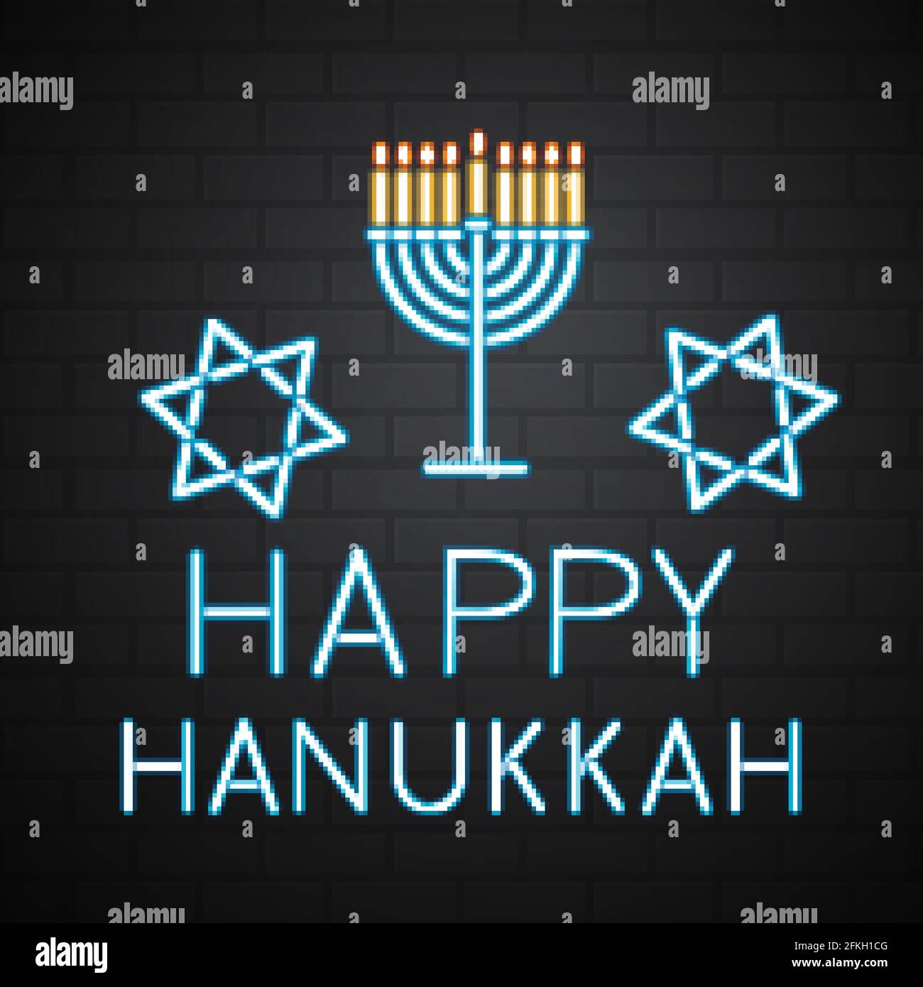 Happy Hanukkah neon banner with lettering and Menorah candle on brick ...