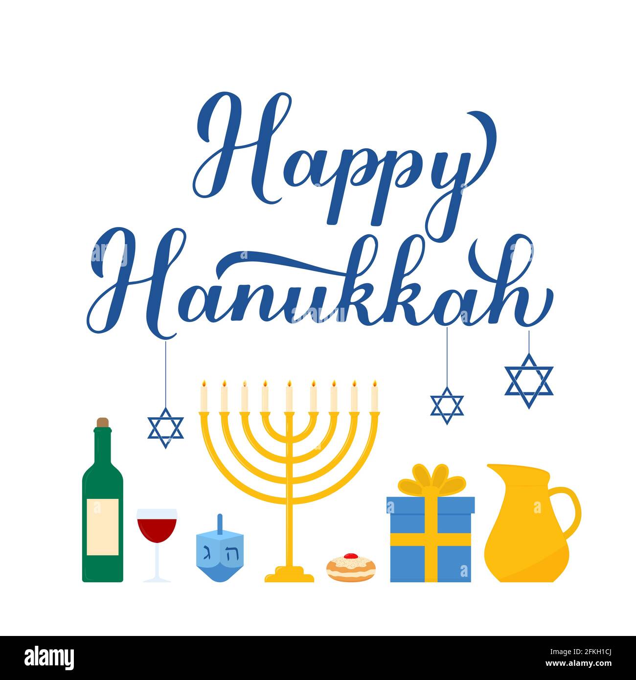 Happy Hanukkah calligraphy hand lettering with traditional items ...