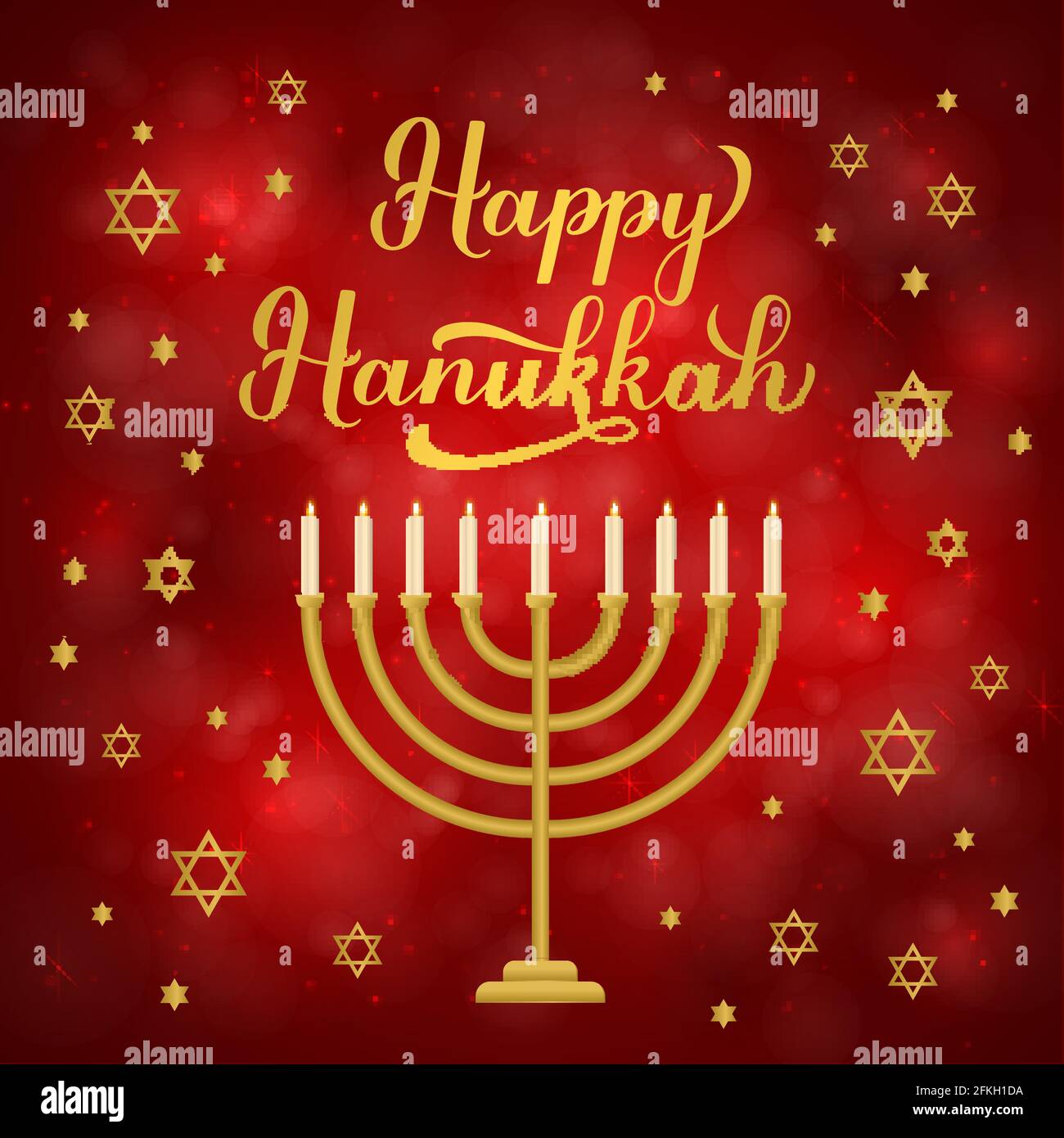 Happy Hanukkah calligraphy lettering and gold stars of David and ...