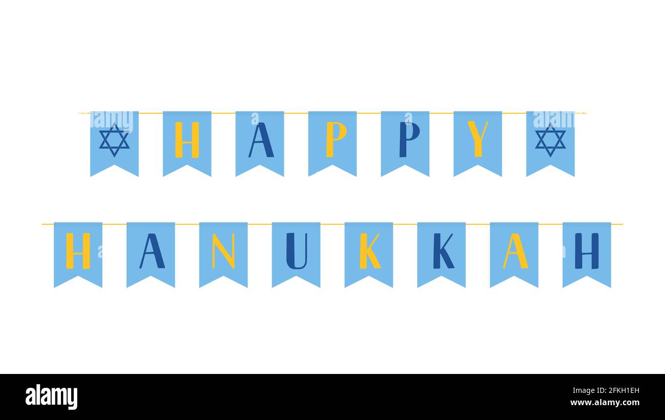 Happy Hanukkah lettering with party flags. Jewish holiday Festival of ...