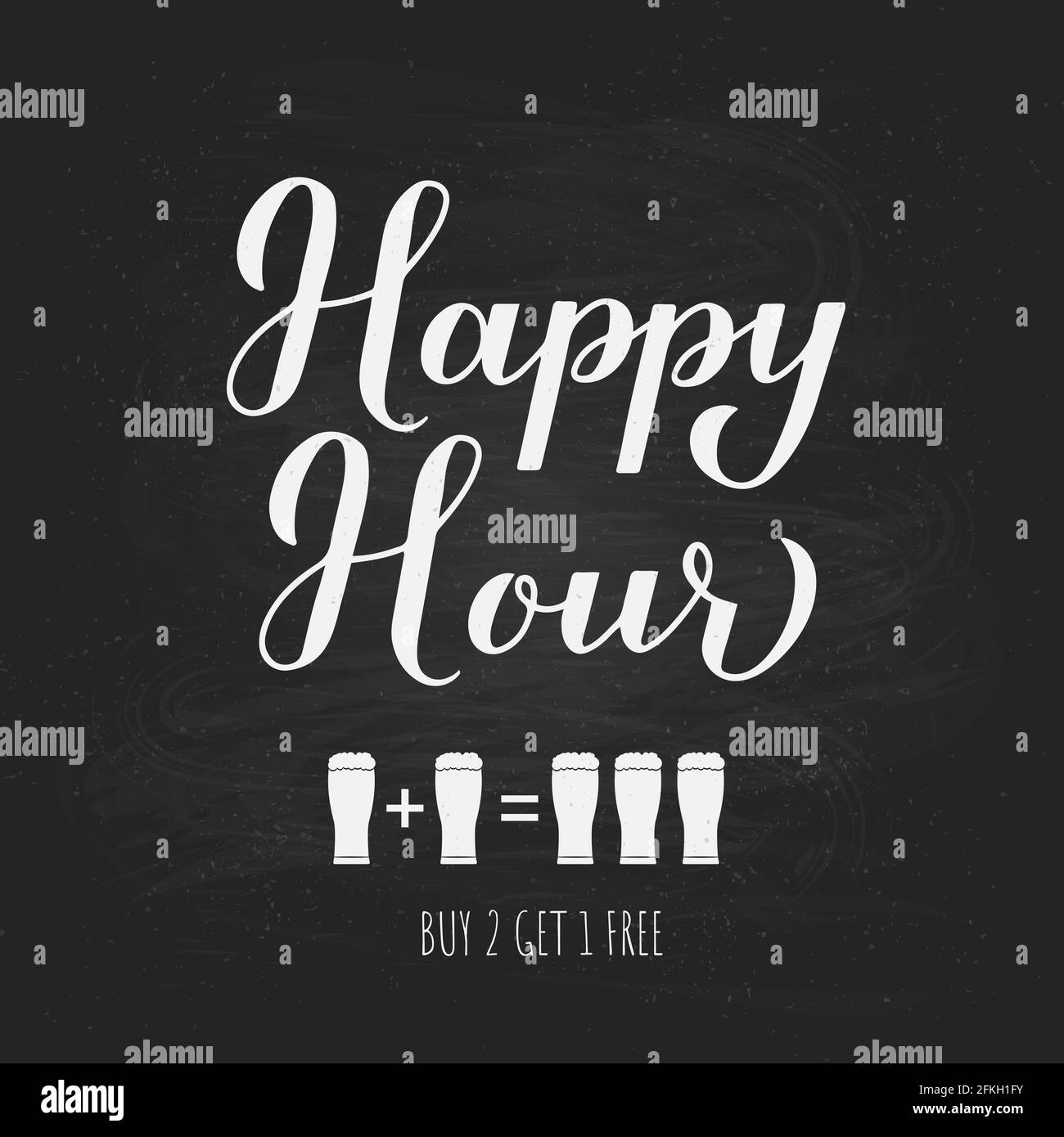 Happy Hour calligraphy hand lettering on chalkboard background. Special ...