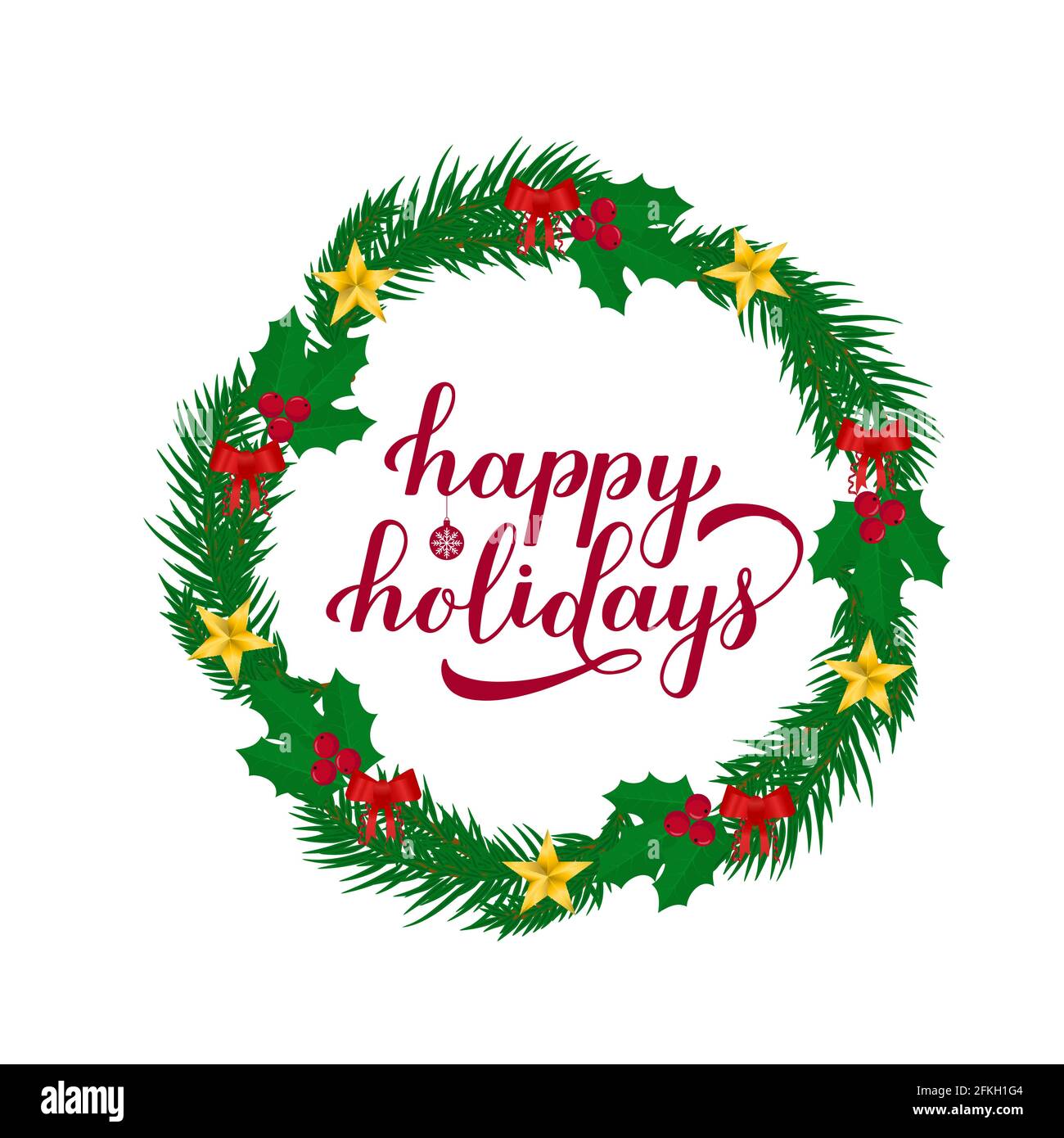 Happy Holidays calligraphy hand lettering with wreath of fir tree ...