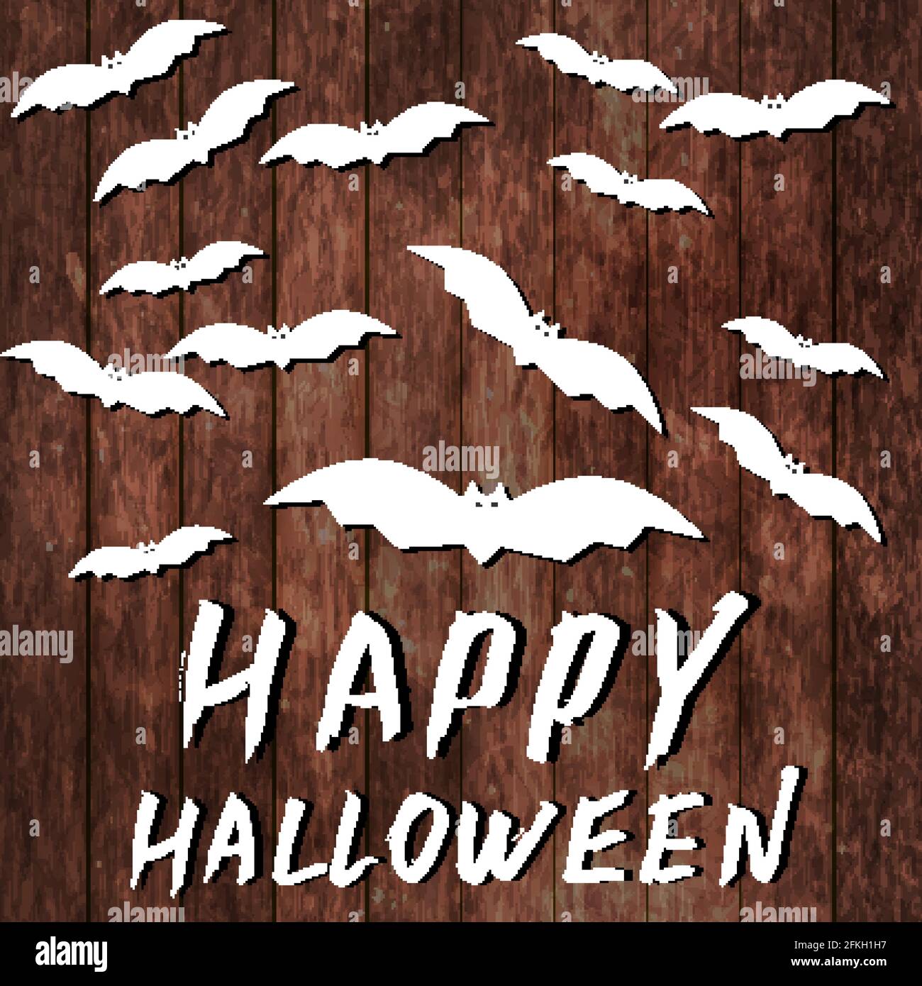 Happy Halloween hand written with brush and flying bats on wooden ...