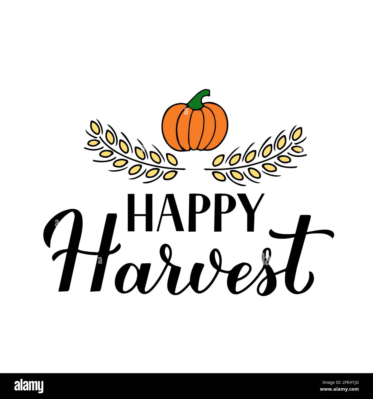 Happy Harvest calligraphy lettering with hand drawn pumpkin and wheat ...