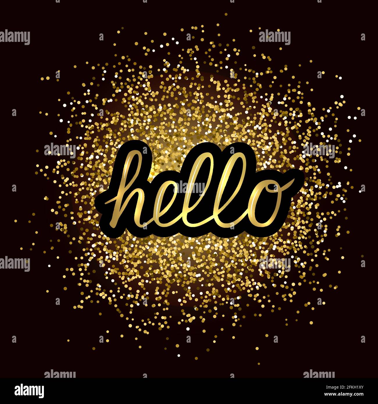 Hand lettering Hello on gold glitter confetti background. Calligraphy ...