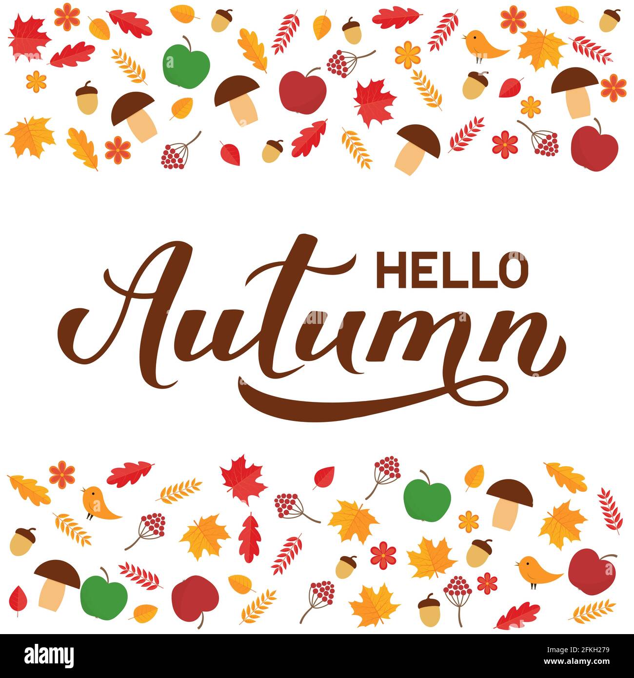 Hello Autumn calligraphy hand lettering with fall leaves, berries and ...