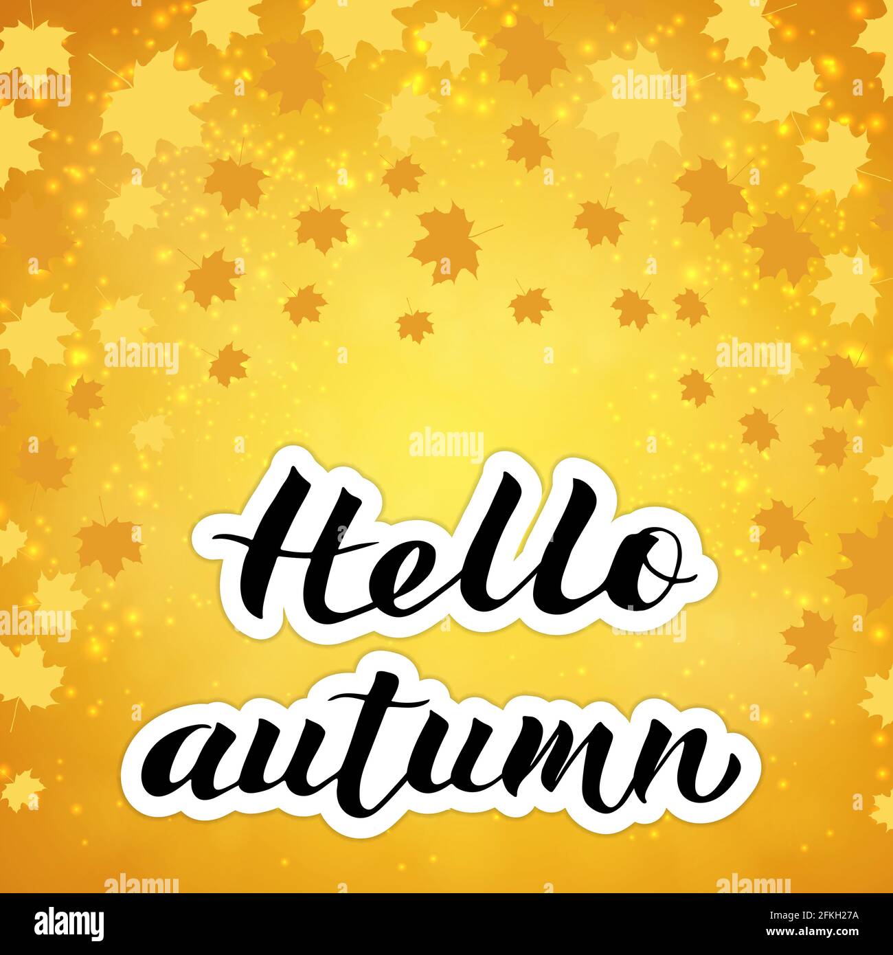 Calligraphy lettering Hello autumn written with brush on bright yellow ...