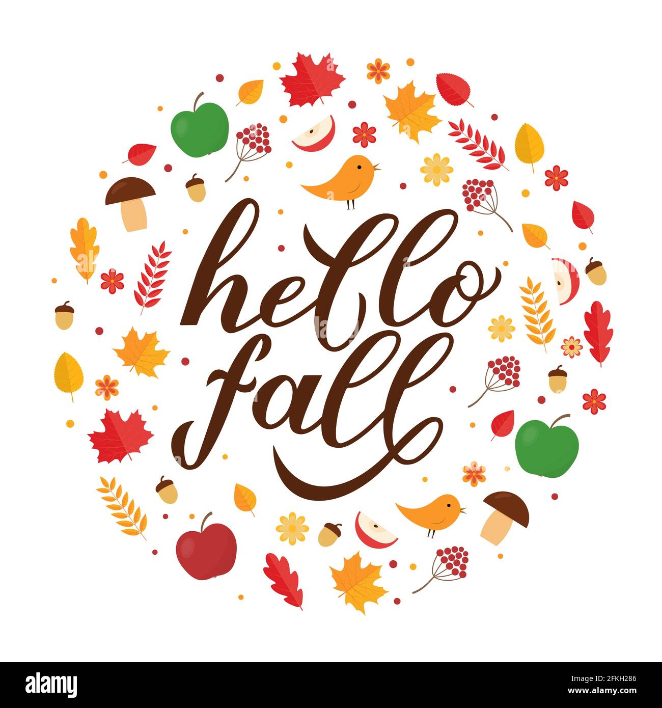 Hello fall calligraphy hand lettering in circle frame of leaves and ...