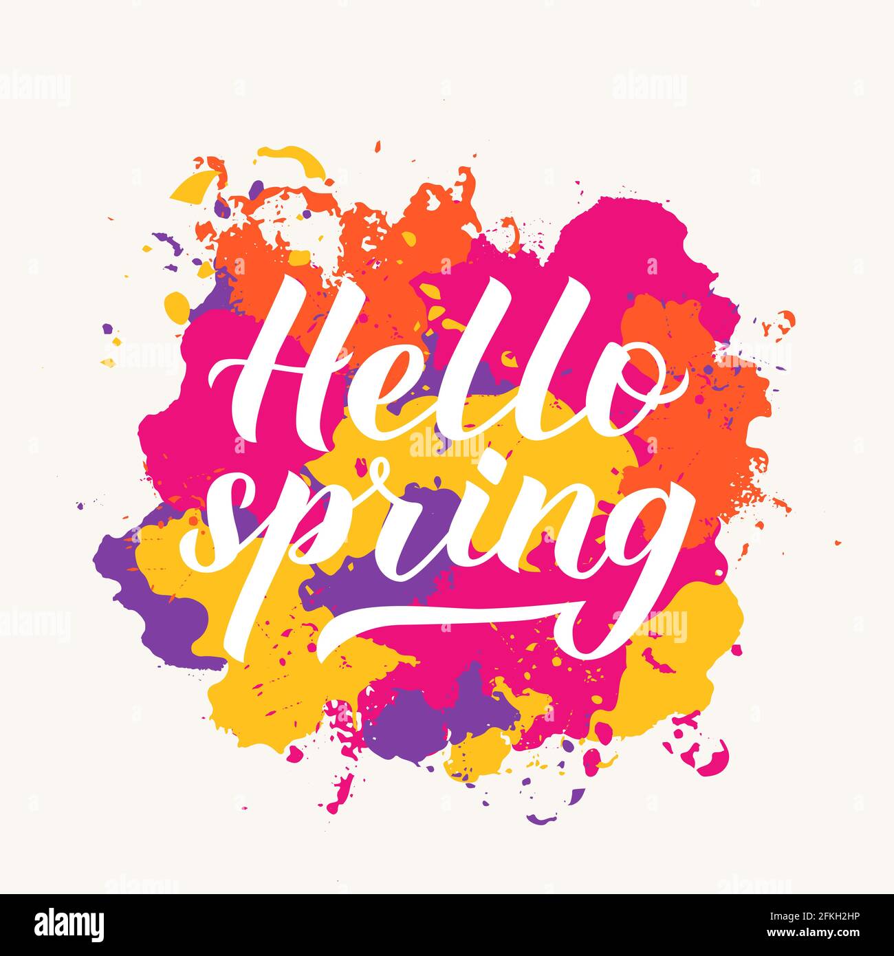 Hello spring calligraphy hand lettering on colorful paint splashes ...
