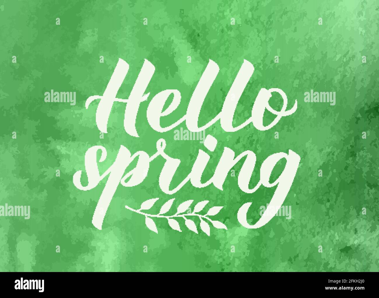 Hello spring calligraphy lettering on green watercolor background with ...
