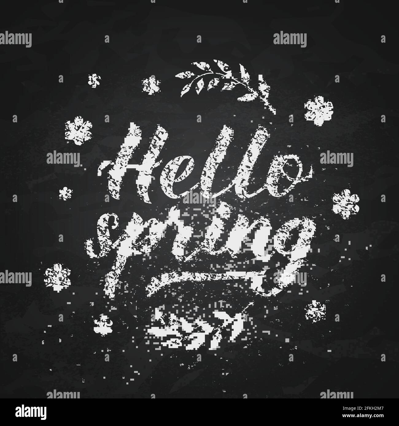 Grunge inscription Hello spring on chalkboard background ...