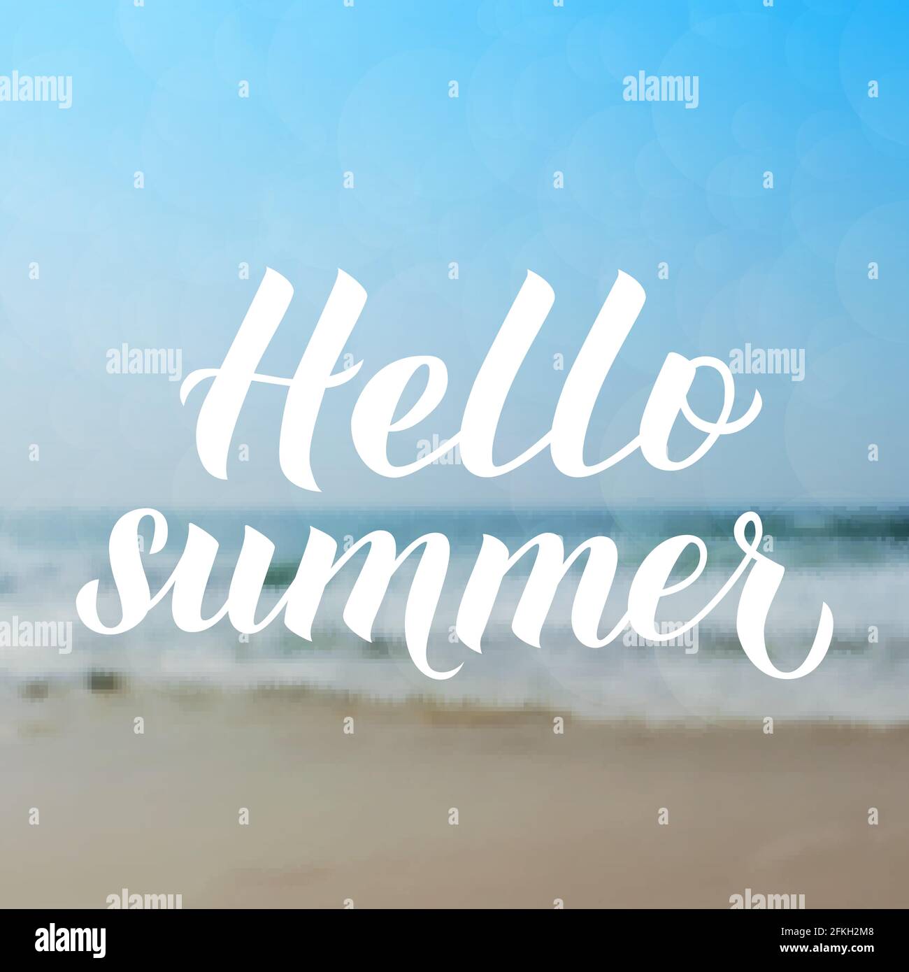 Hello summer calligraphy lettering.Blurred sea background. Hand written ...