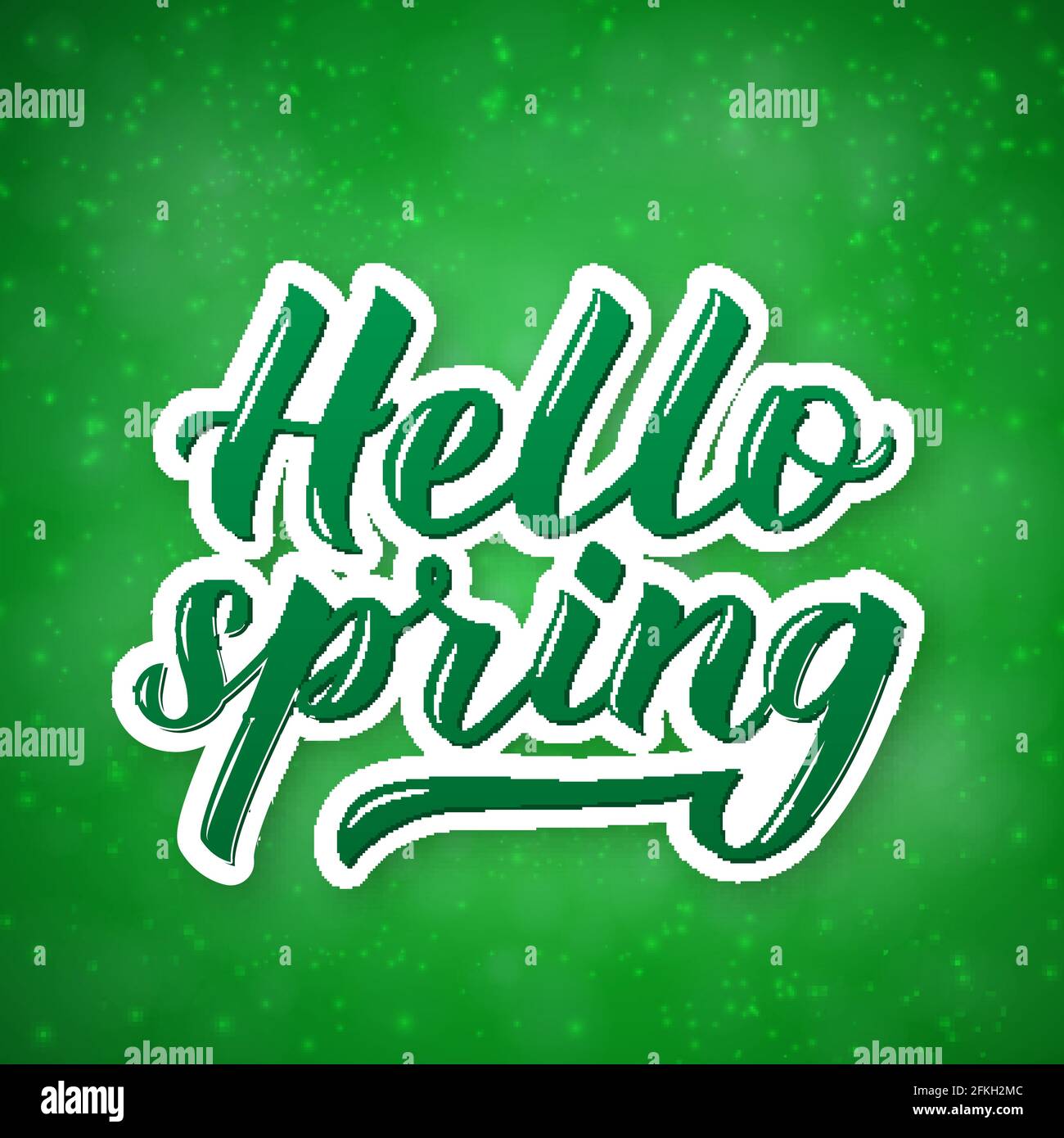 Hello spring 3d lettering on bright green background with sparkles ...