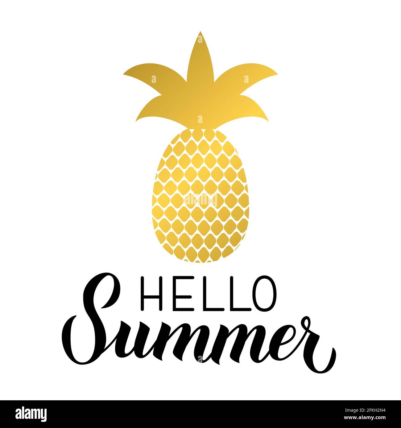 Hello summer calligraphy hand lettering with gold pineapple isolated on ...