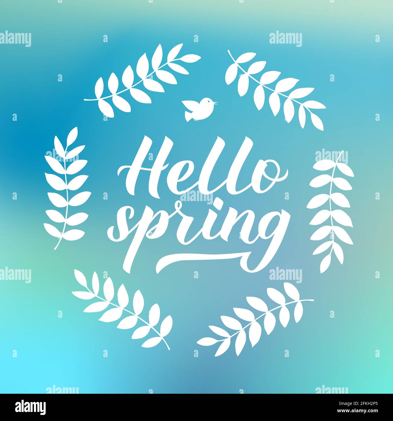 Hello spring calligraphy lettering with floral wreath frame on green ...
