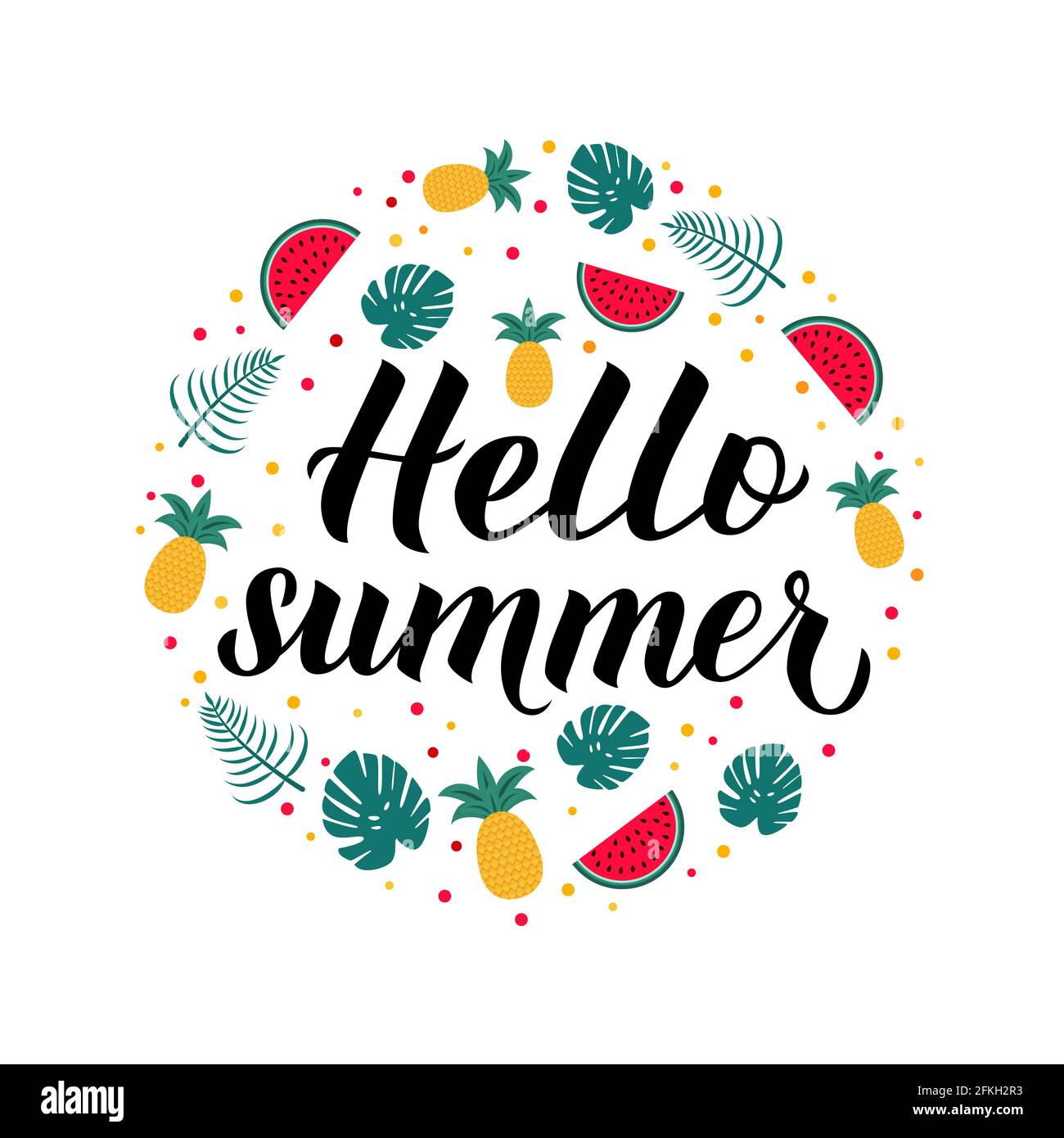 Hello summer calligraphy lettering with watermelons, pineapples and ...