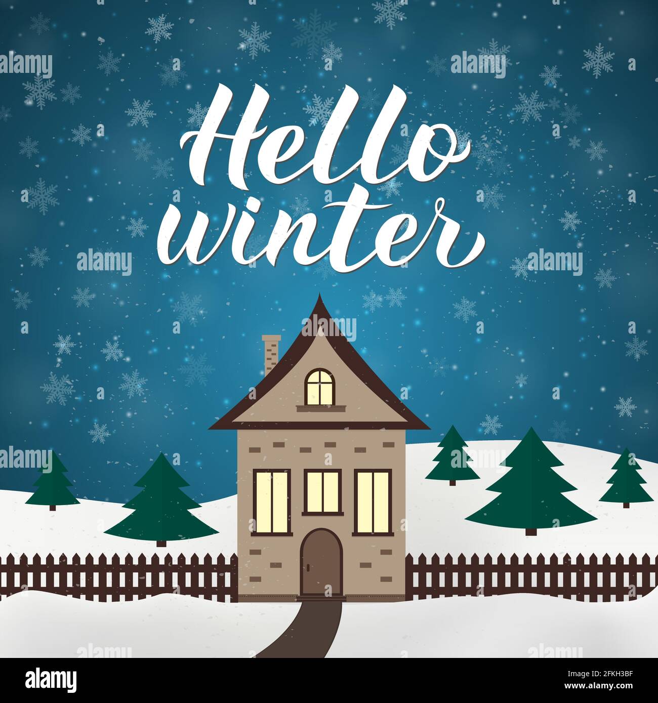 Calligraphy lettering Hello Winter on the snowy landscape. Night sky ...