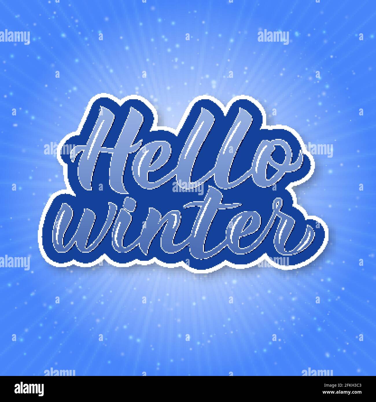 Hello Winter calligraphy lettering. Bright blue background with ...
