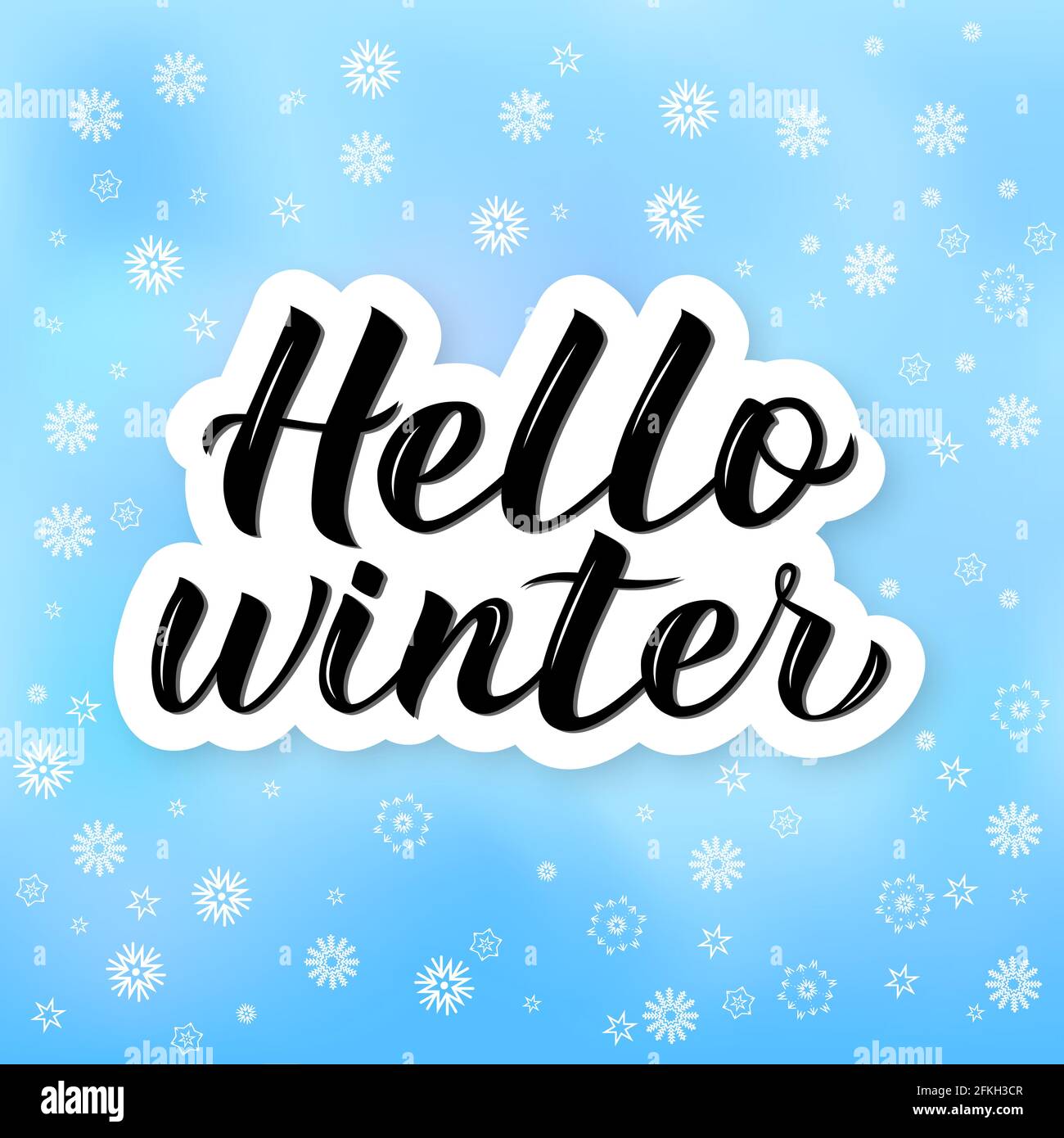 Hello Winter calligraphy lettering. Bright blue background with flying ...