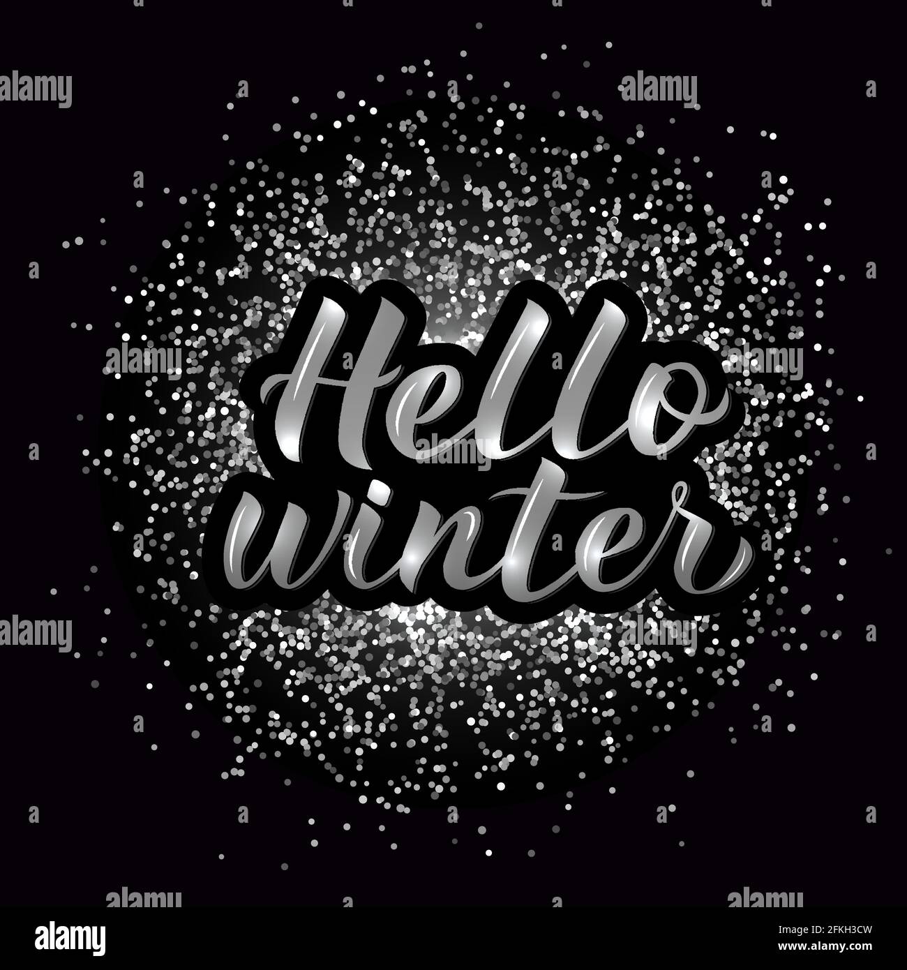 Hello Winter calligraphy lettering silver textured background. 3d hand ...