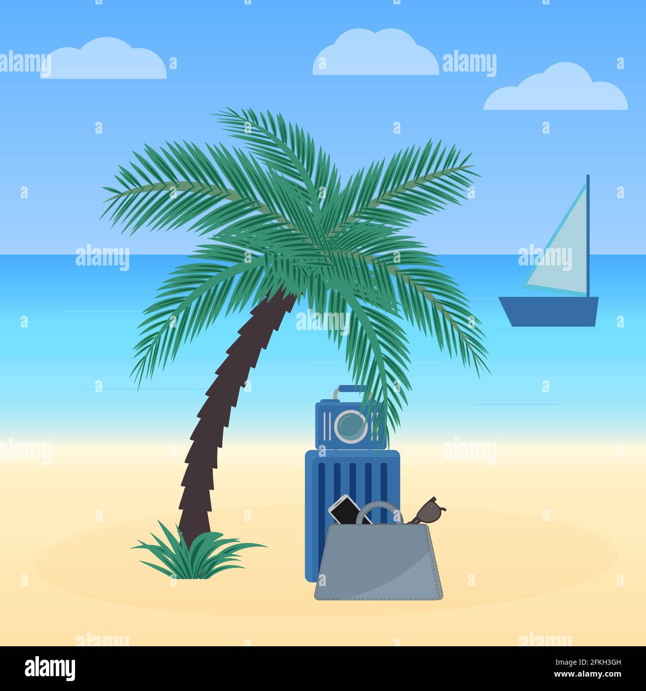 Summer holidays. Tropical beach. Travel vector illustration. Easy to ...