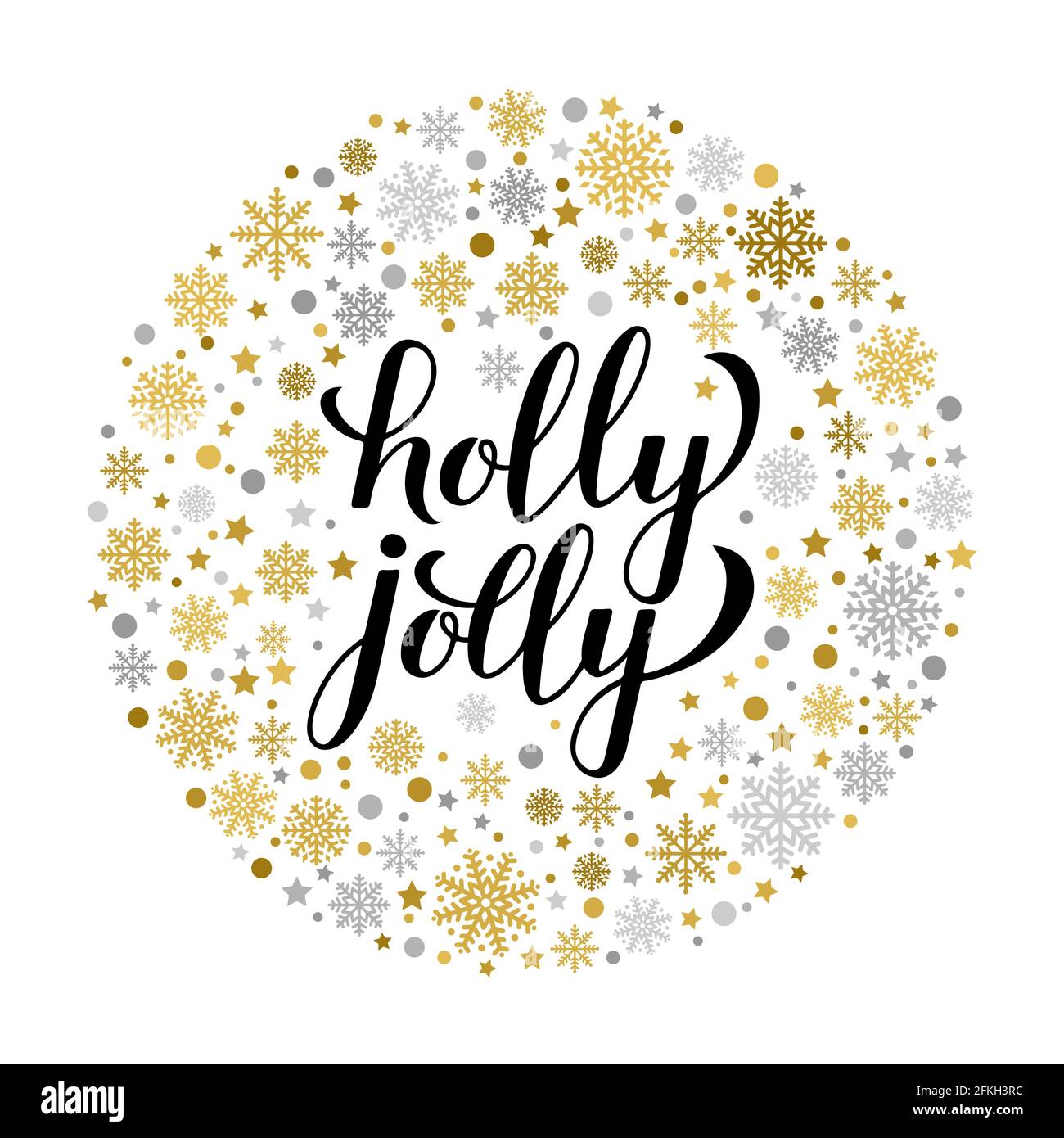 Holly Jolly calligraphy hand lettering with gold and silver snowflakes ...