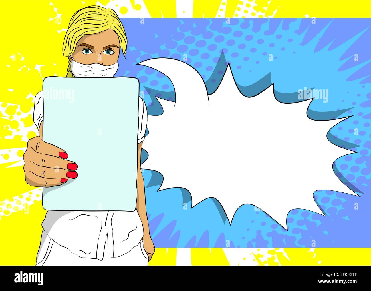 Woman in protective suit with blank banner. Comic book vector ...