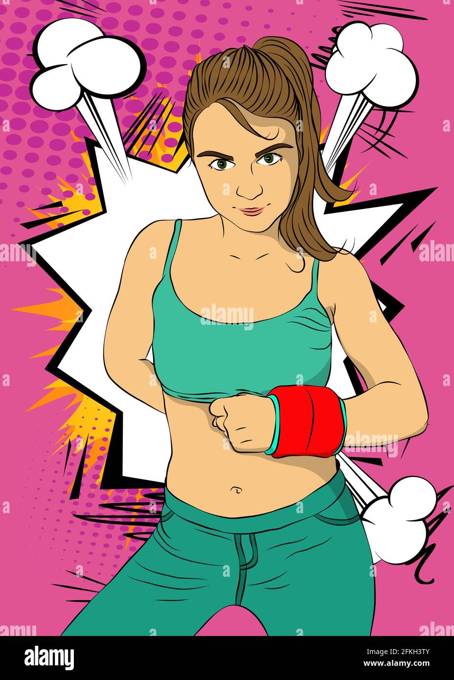 Woman exercise with wrist weights. Vector comic book illustration of a ...