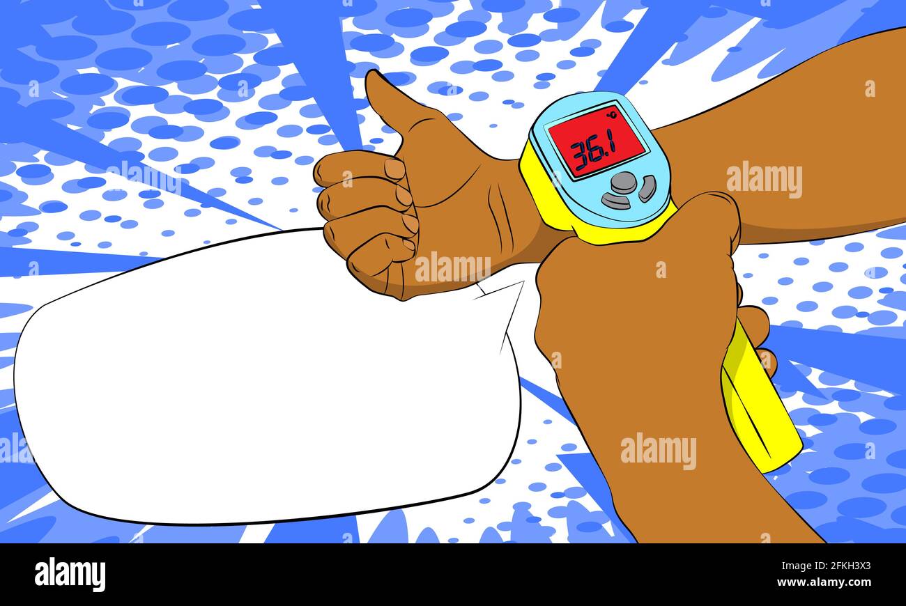 Touchless temperature check on Afro-American arm. Vector illustrated ...