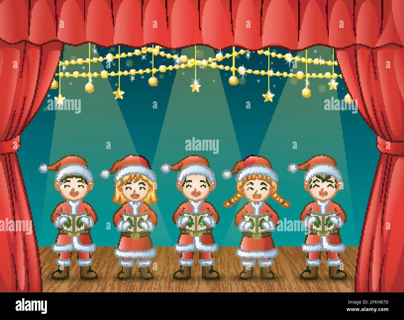 Vector illustration of Cartoon children in red santa costume singing ...