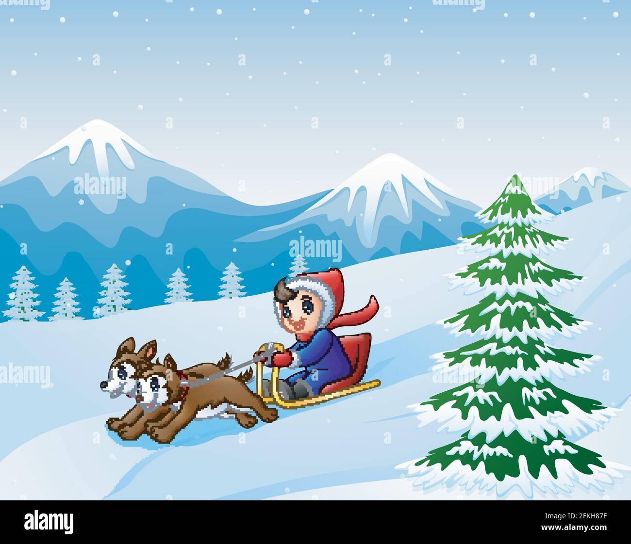 Cartoon boy sledding down on the snow pulled by two dogs Stock Vector ...