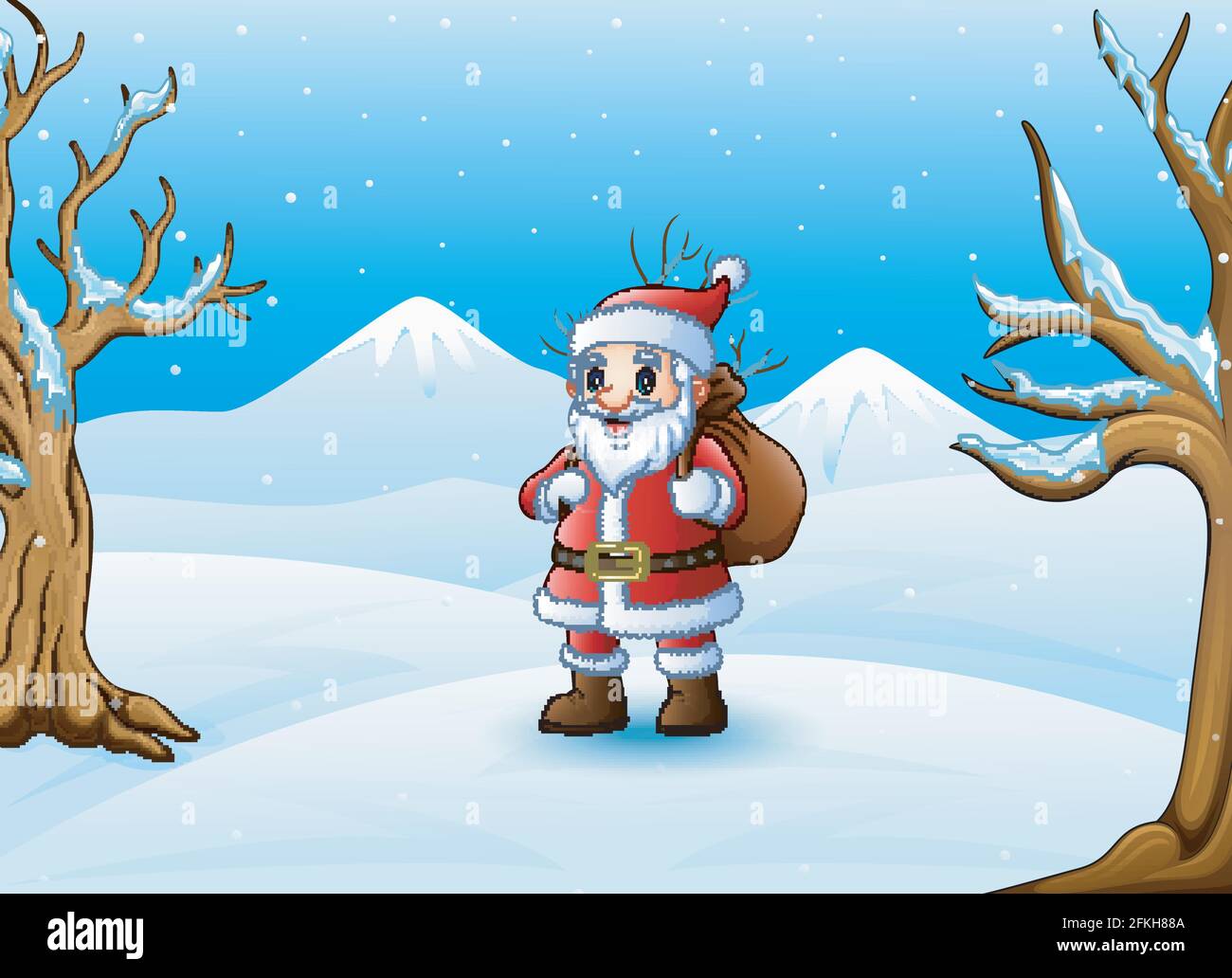 Vector illustration of Cartoon santa claus standing in the snow with a ...