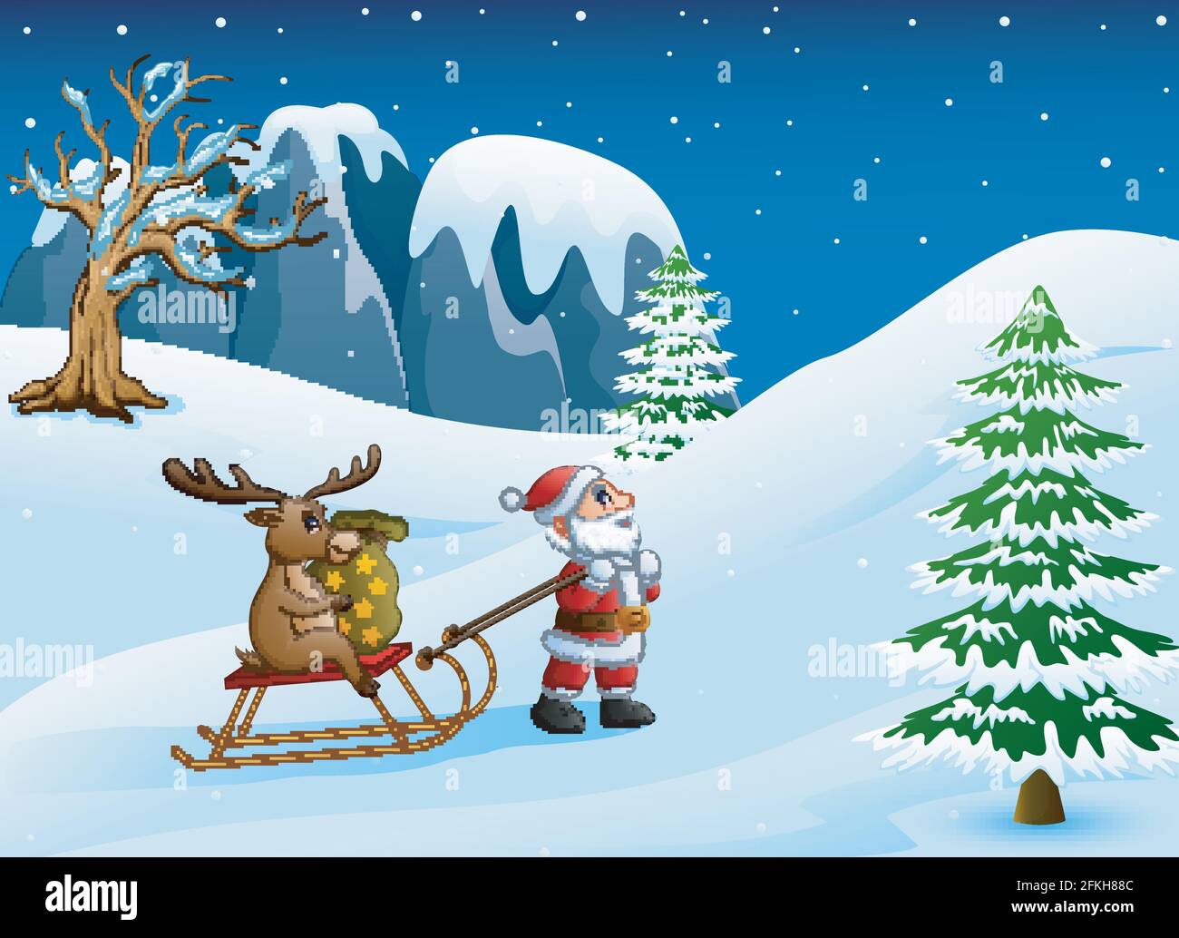 Vector illustration of Cartoon funny santa claus pulling reindeer on a sleigh with sack of gifts ...