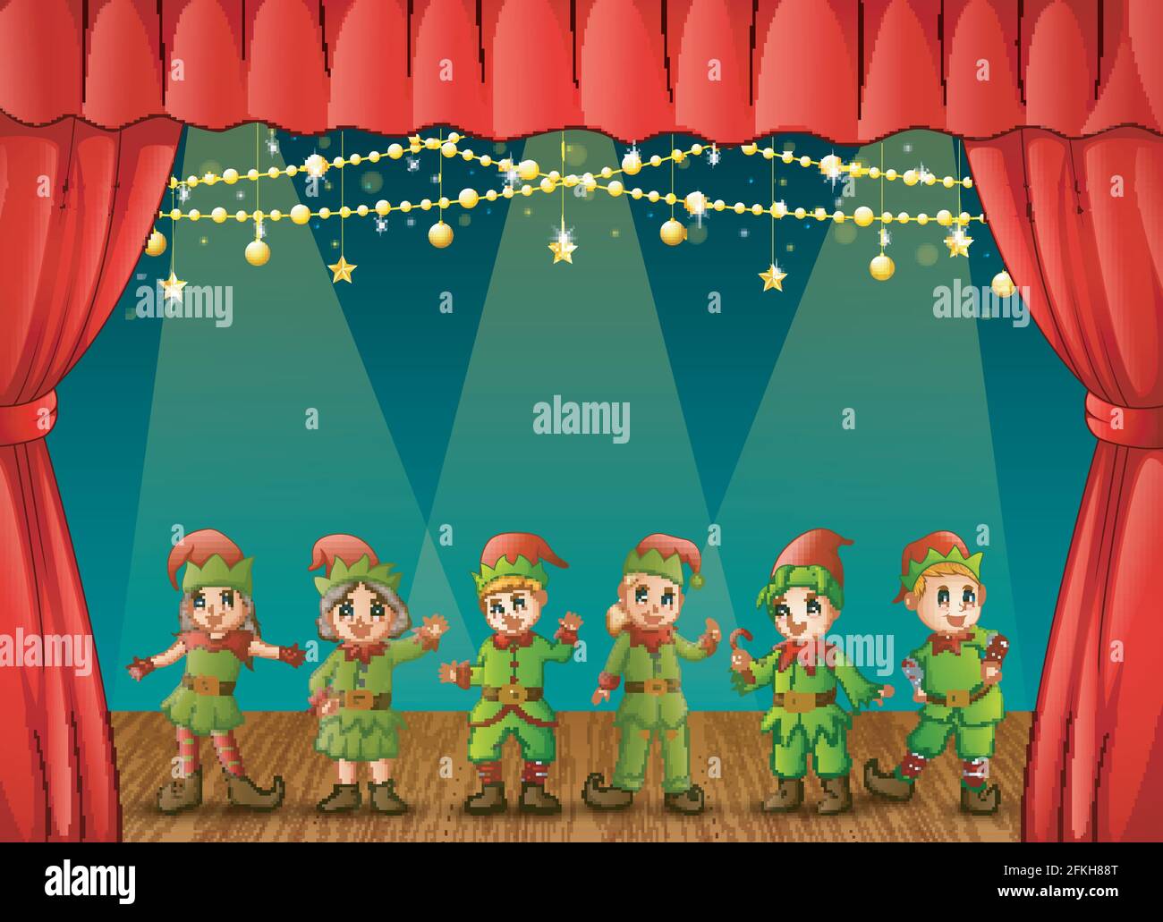 Vector illustration of Christmas elves performing on stage Stock Vector ...