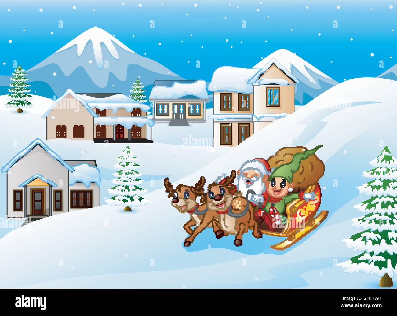 Vector illustration of Cartoon santa claus with elf riding on a sleigh ...