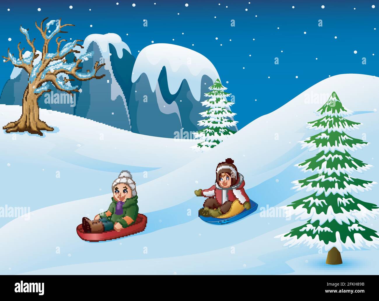 Vector illustration of Children sledding in snow downhill Stock Vector ...