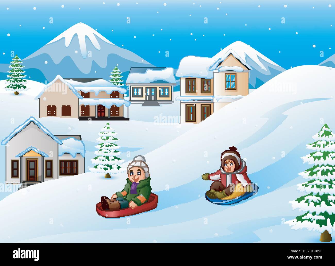 Vector illustration of Children playing sledding in the snow Stock ...