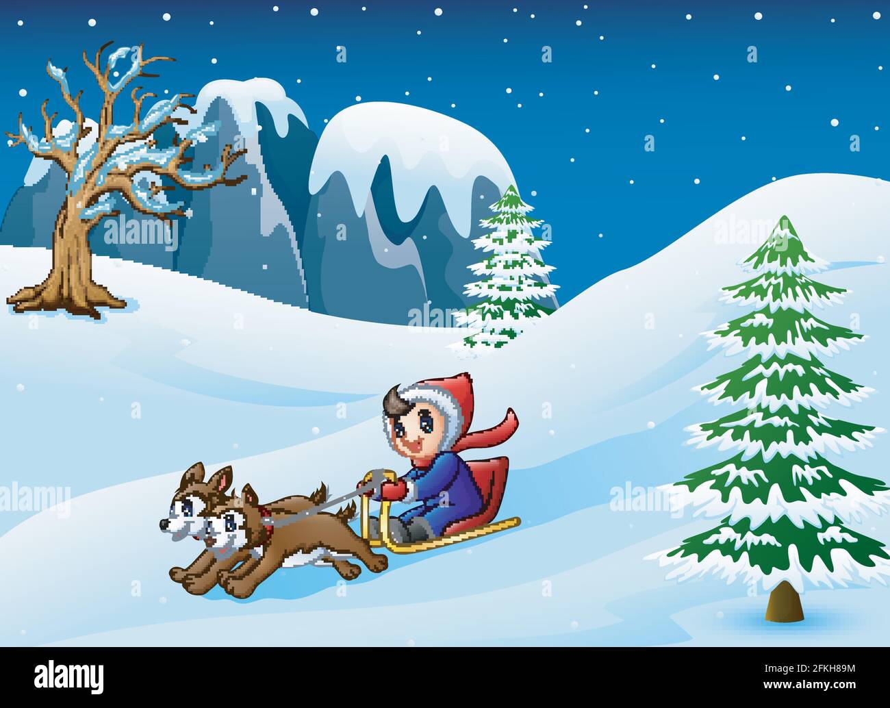 Cartoon boy riding sled on the downhill pulled by two dogs Stock Vector ...