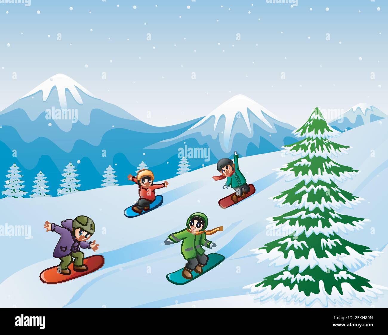 Vector illustration of Children snowboarding on the snow Stock Vector ...