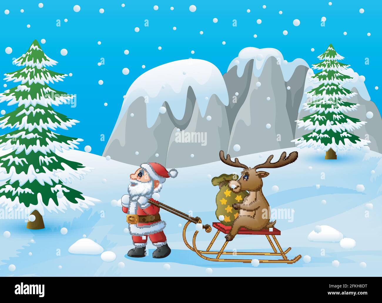 Vector illustration of Cartoon funny santa claus pulling reindeer on a sleigh with sack of gifts ...